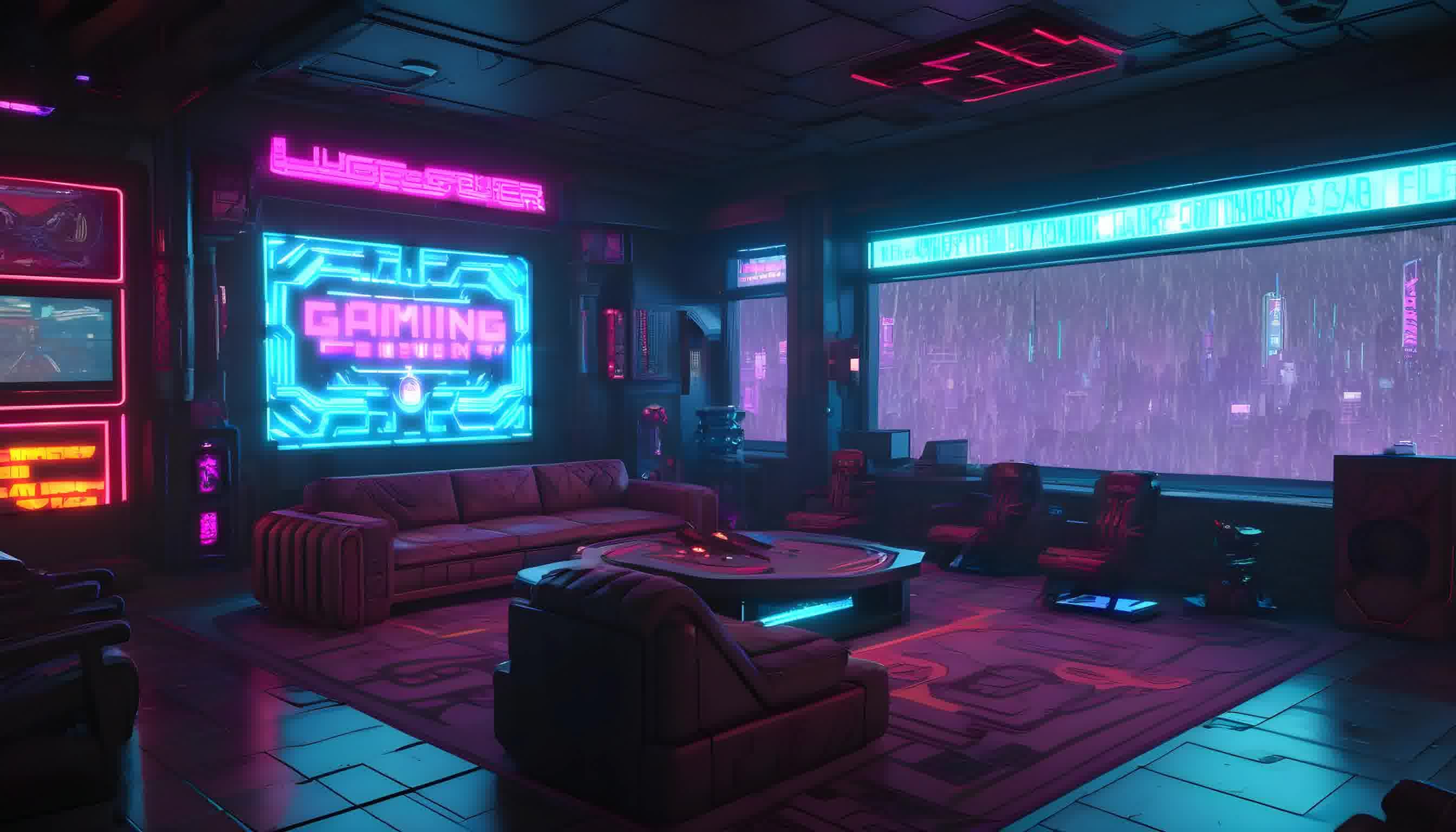 Cyberpunk Living Room Animated Backdrop: Neon Lights & Urban Skyline ...