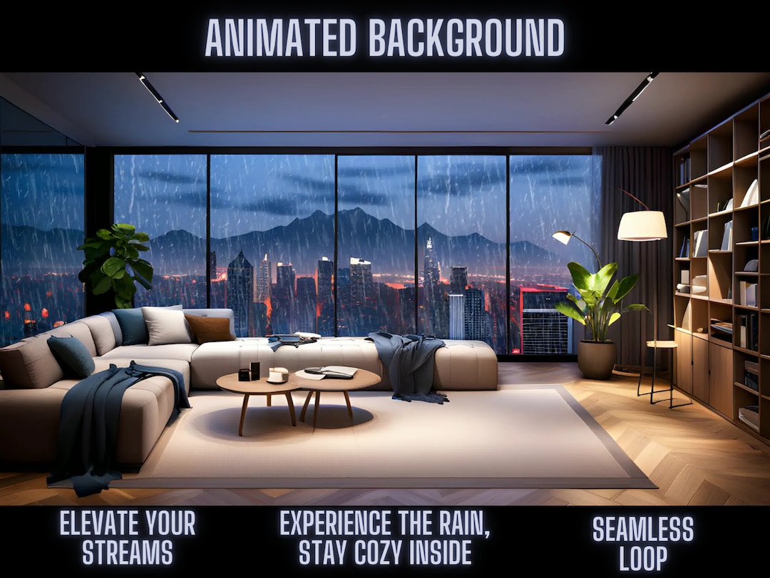 Luxury Modern Living Room Animated Background | Rapid Rain Window View ...