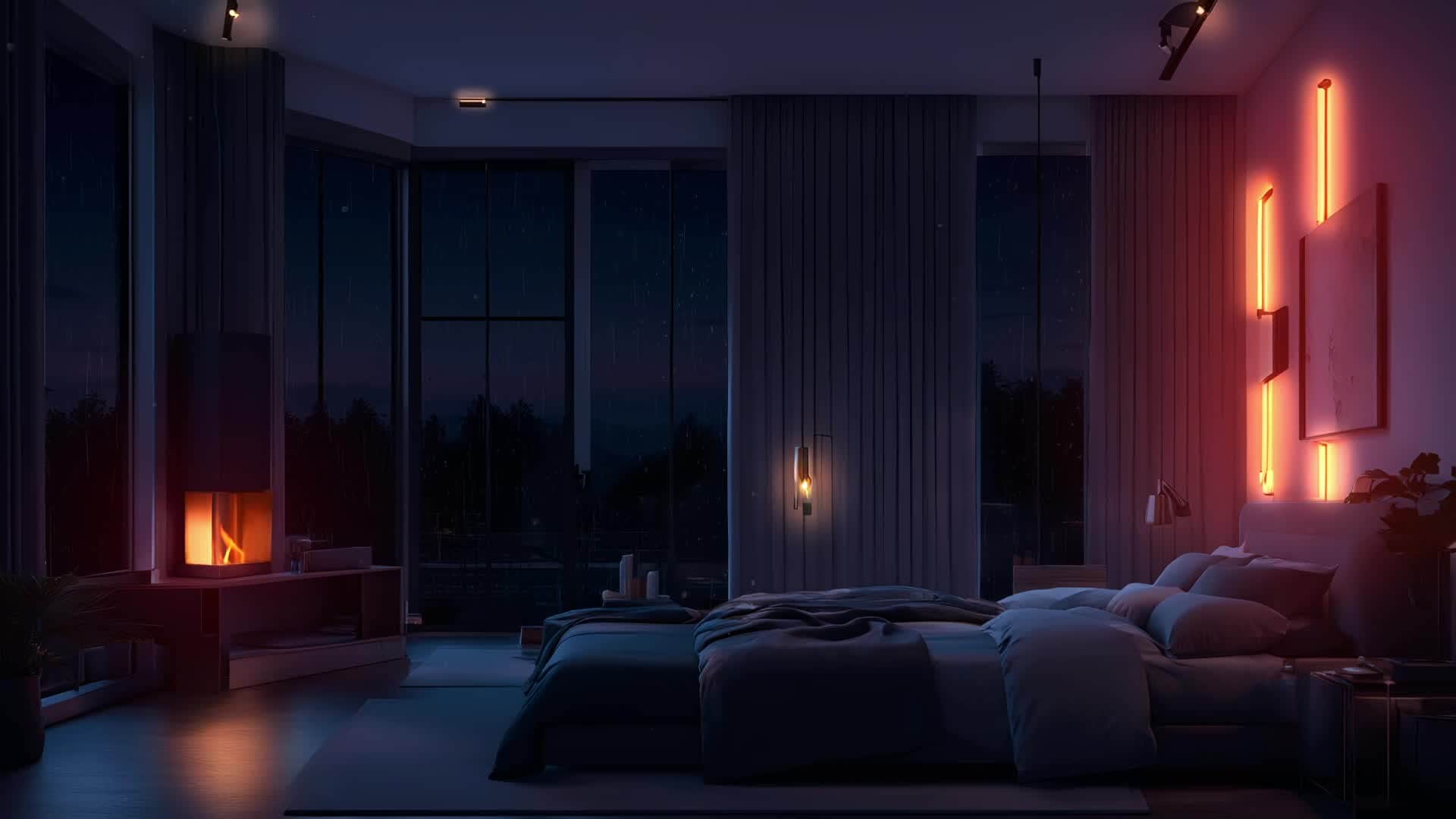 Animated Background: Cozy Nighttime Bedroom Rainy Window & Warm ...