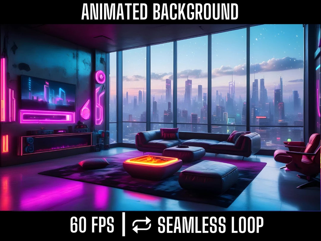 Futuristic Cyber Loft Animated Scene | Stylish Fireplace & Neon Lights ...