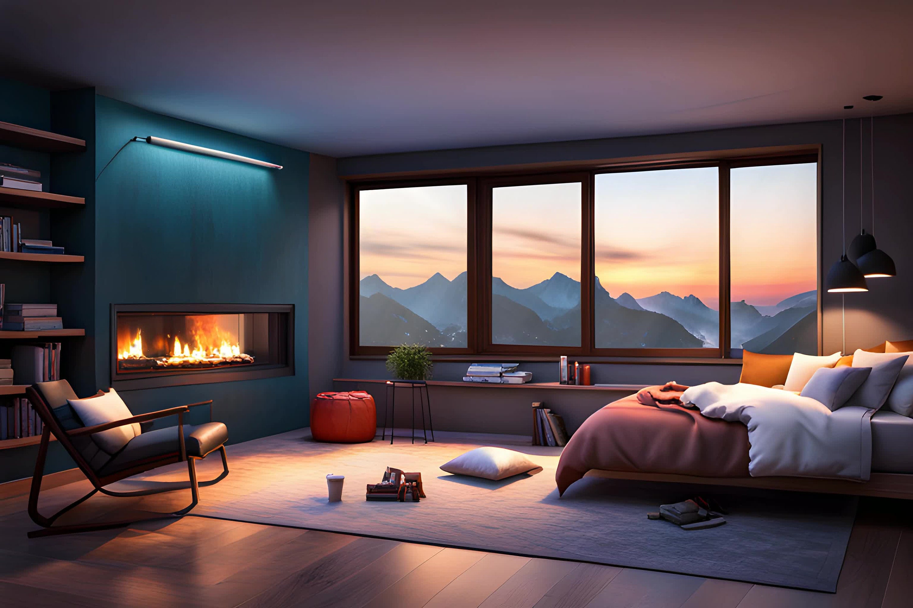 Cozy Bedroom Animated Background | Fireplace Warmth & Mountain Window ...