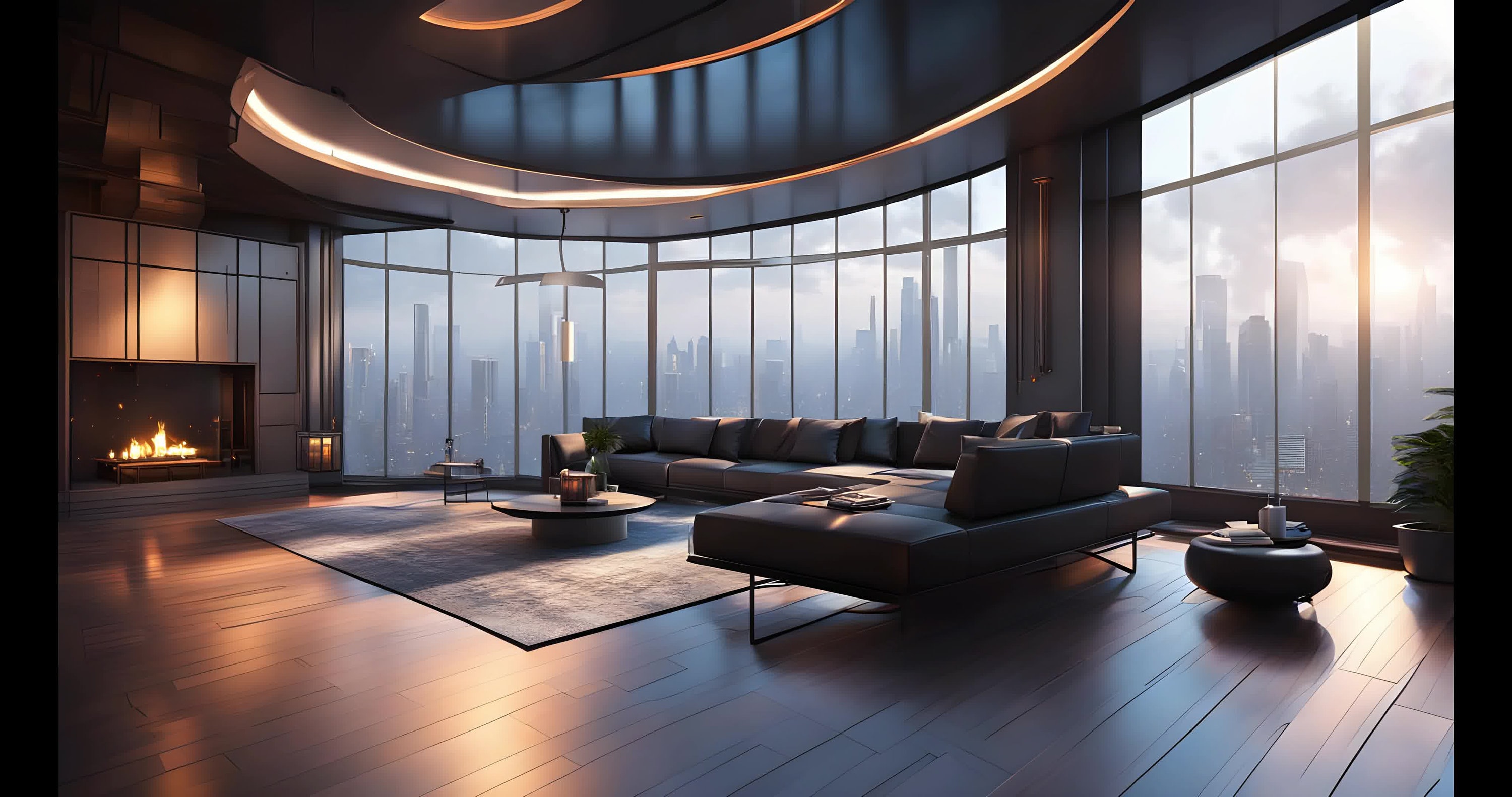 Modern Apartment Animated Background | Sunny Panoramic View & Fireplace ...