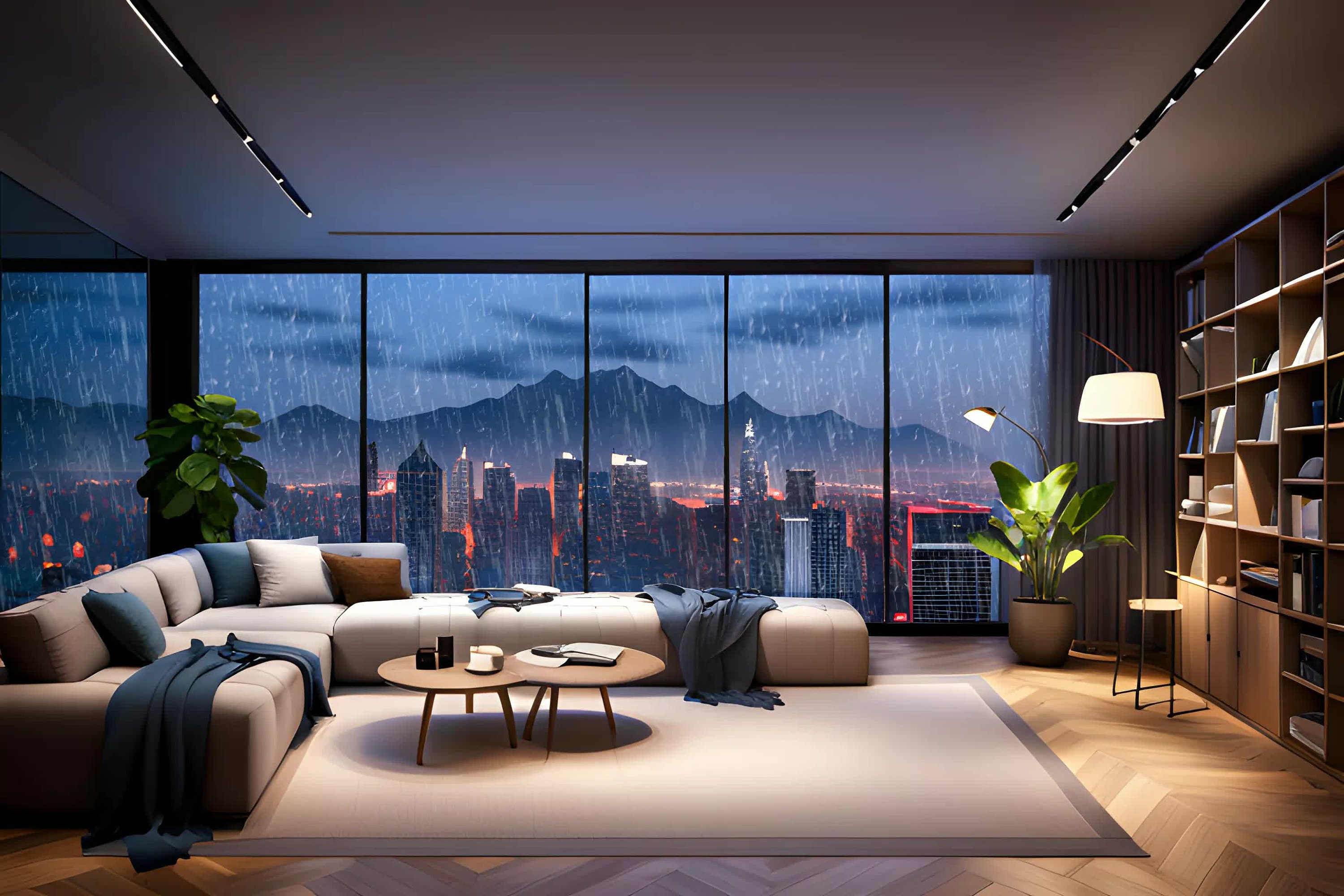Luxury Modern Living Room Animated Background Rapid Rain Window View ...