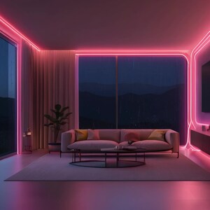 Urban Oasis Amidst the Rain Chic Living Room With Luminous Neon Accents ...