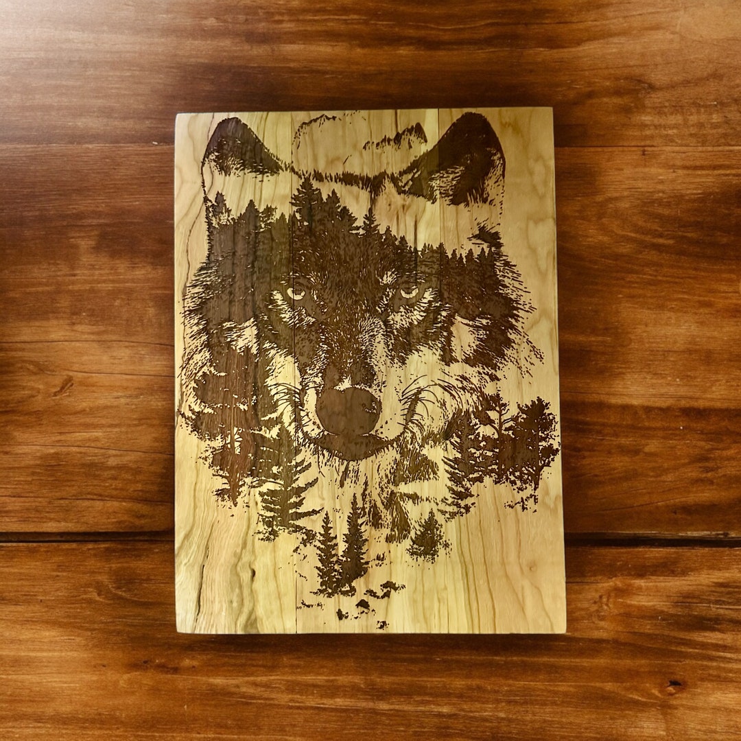 Laser Engraved Wolf Head Mountain Scene - Etsy