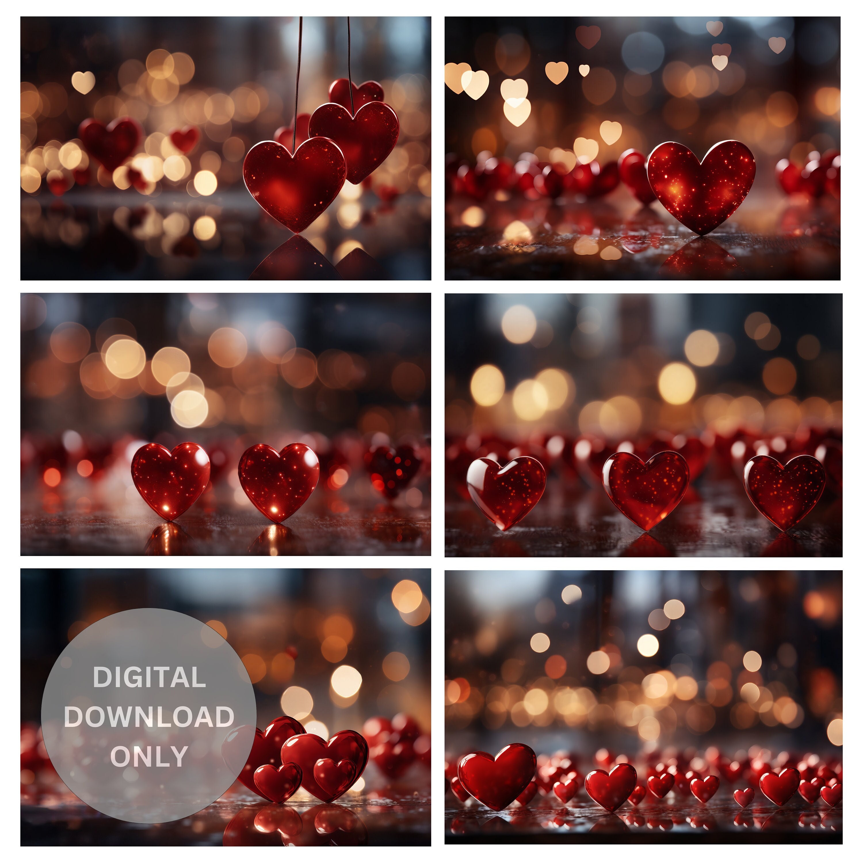 Six Love Heart Bokeh Valentine's Day Backgrounds, Romantic Backdrops ...