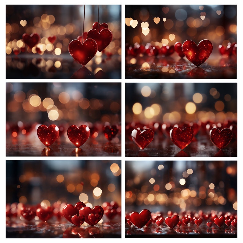 Six Love Heart Bokeh Valentine's Day Backgrounds, Romantic Backdrops ...
