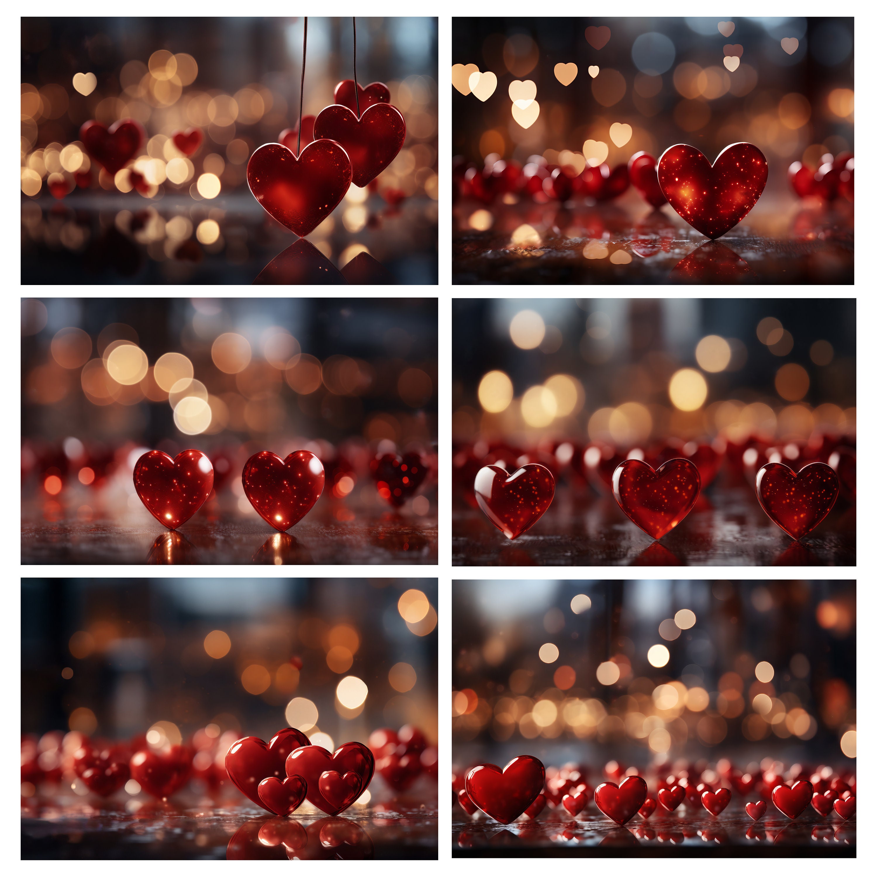 Six Love Heart Bokeh Valentine's Day Backgrounds, Romantic Backdrops ...