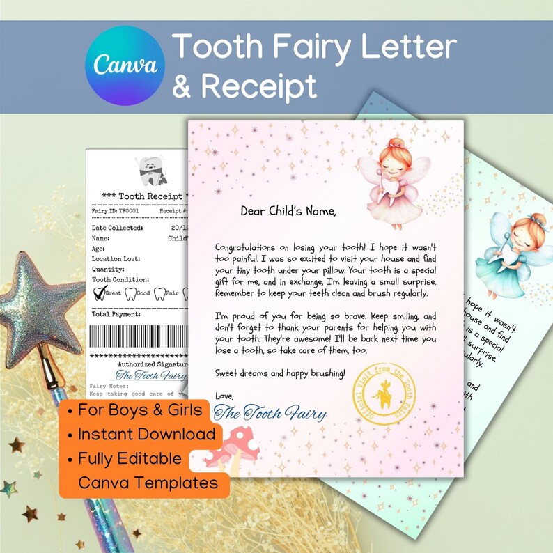 Editable Tooth Fairy Letter and Receipt Printable | Customizable Canva ...