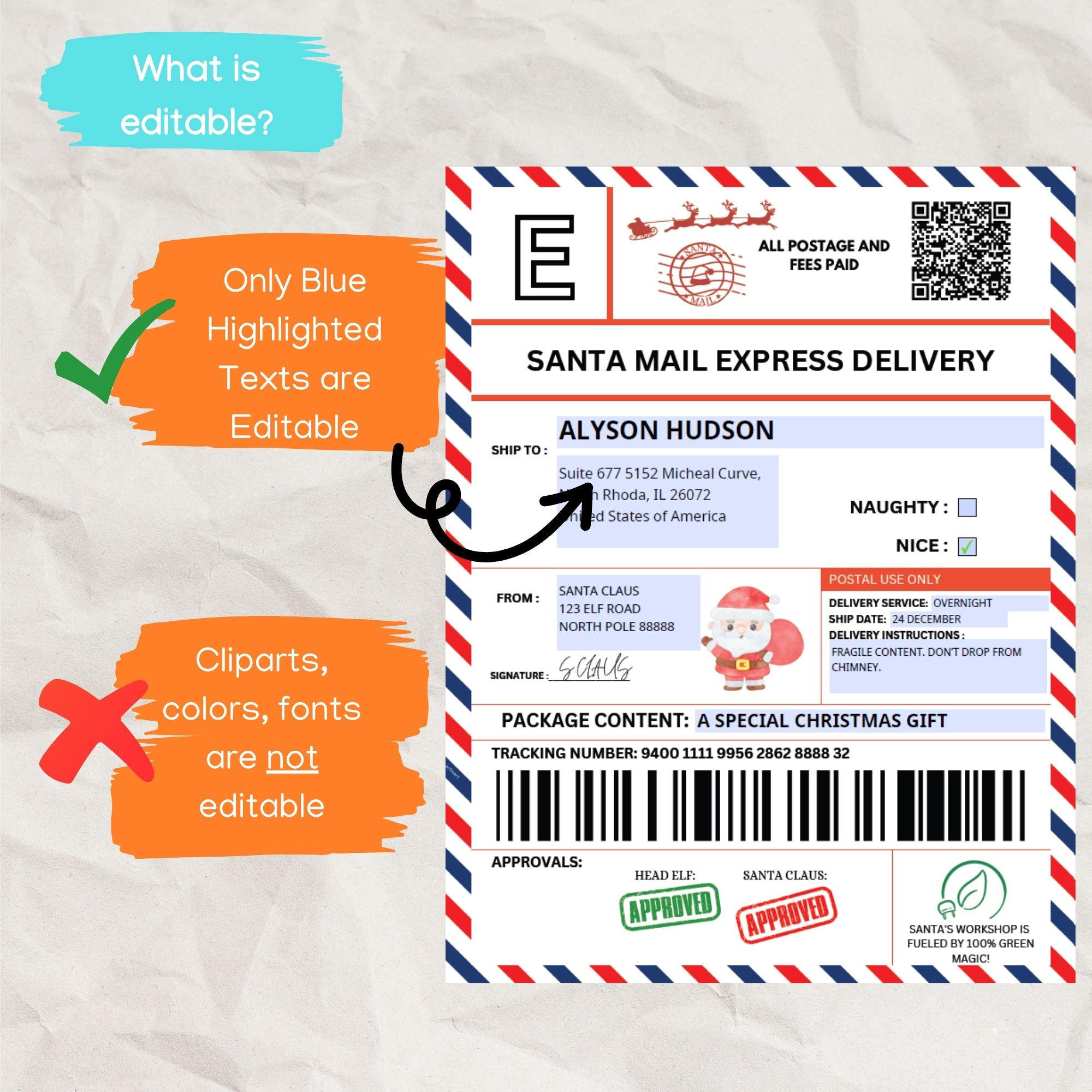 Editable PDF Santa Mail Shipping Label for Kids, Christmas Santa ...