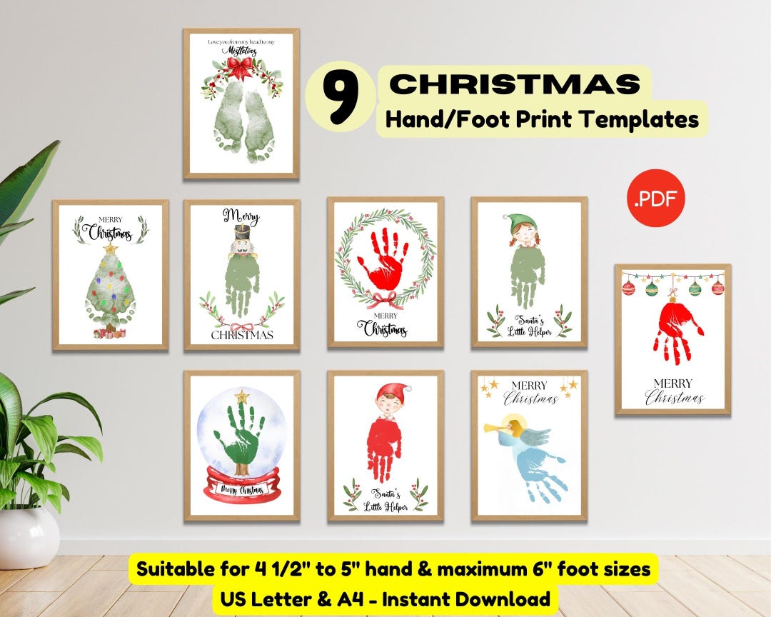 Christmas Handprint Footprint Art Bundle Canva Template, Holiday ...