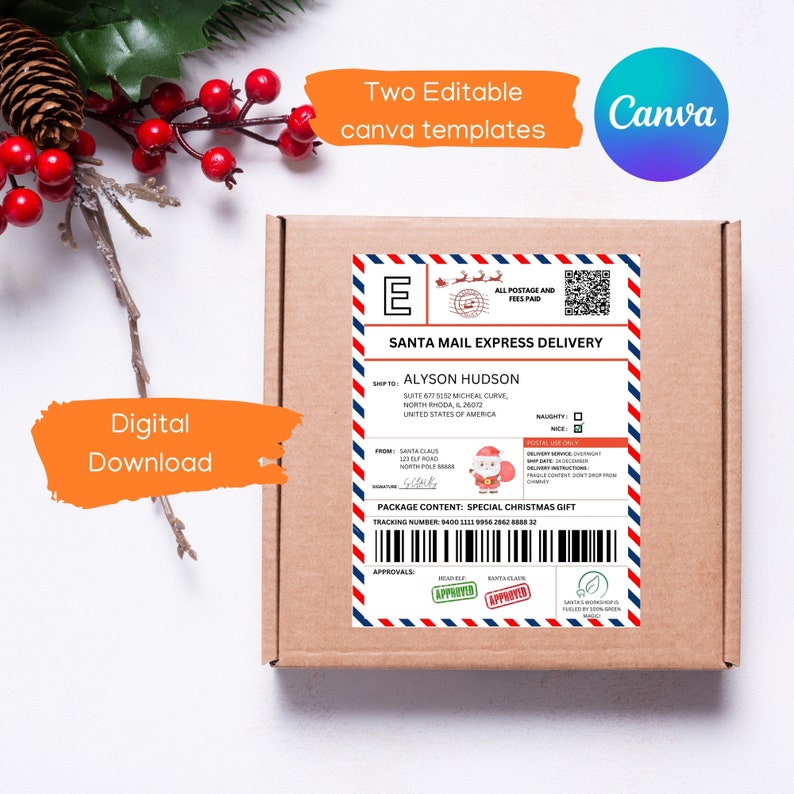 Editable Santa Mail Shipping Label for Kids, Christmas Santa Shipping ...