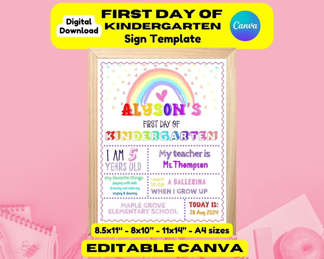 Rainbow First Day of Kindergarten Sign Editable Back to School ...