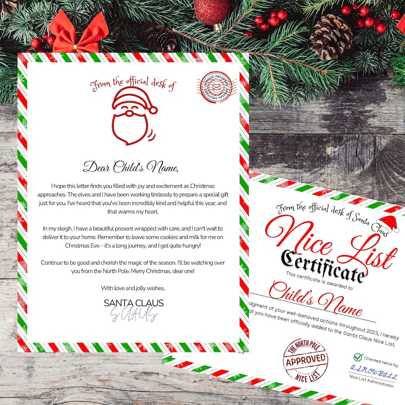Editable Letter From Santa Claus Nice List Certificate, From the Desk ...
