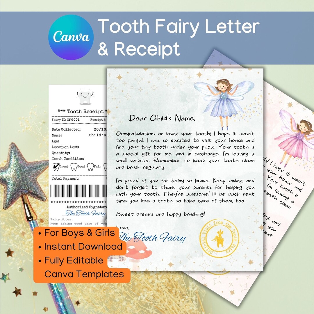 Tooth Fairy Letter Tooth Receipt for Boy for Girl Printable Tooth Fairy ...