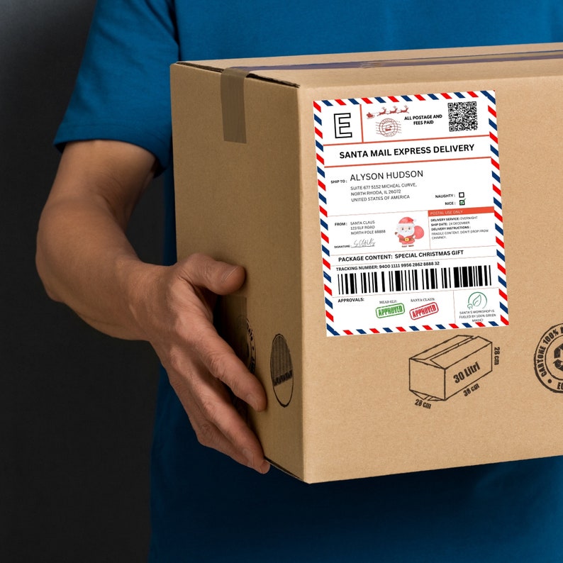 Editable Santa Mail shipping label for kids, christmas Santa shipping ...