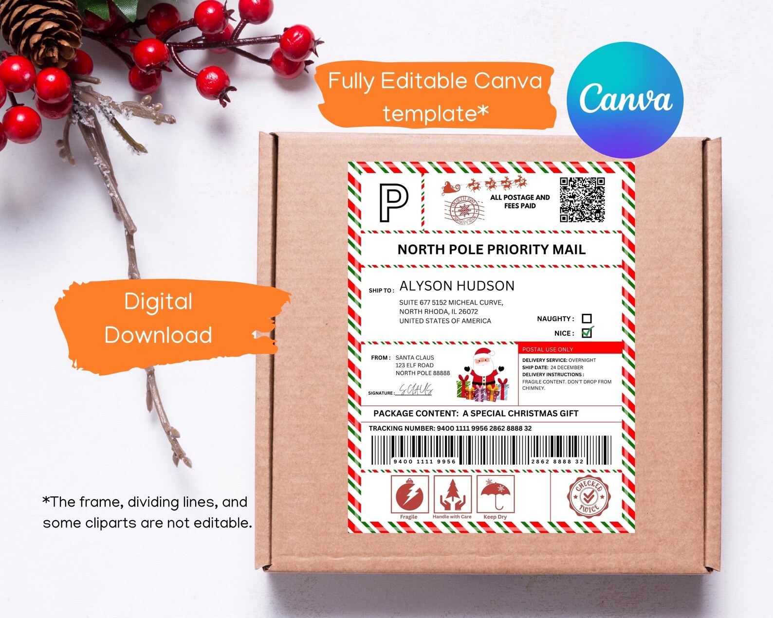 Editable Santa Mail Shipping Label for Kids, Christmas Santa Shipping ...