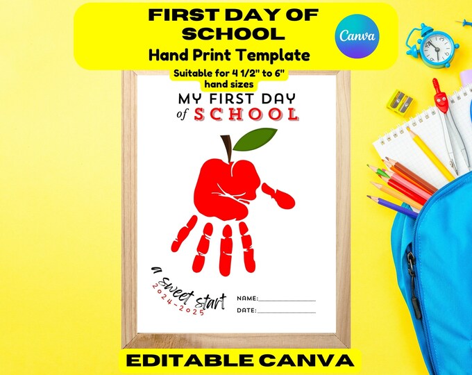 First Day of School Handprint Art, 2024 Back to School Craft, Printable ...