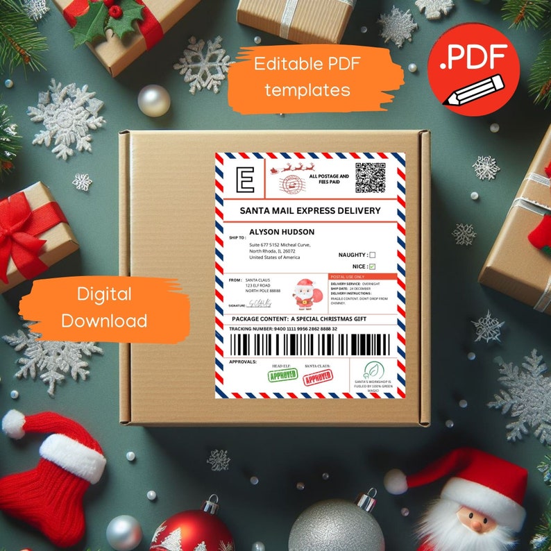 Editable PDF Santa Mail Shipping Label for Kids, Christmas Santa ...