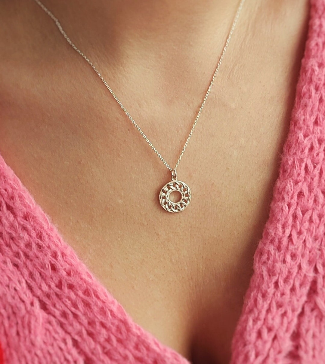 Sterling Silver Fine Necklace, Round Shapecurb Dangle Pendant, Ancer ...