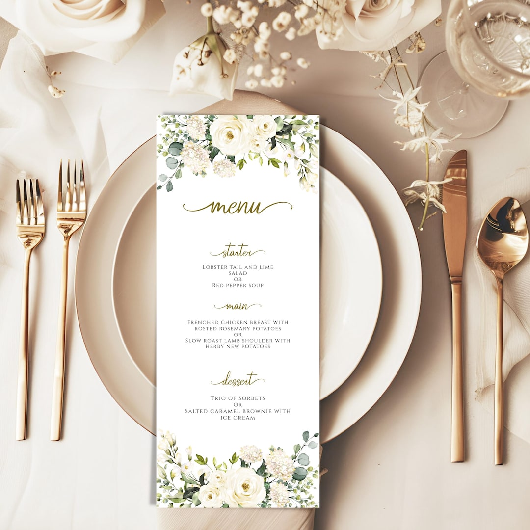 Wedding Menu Template, Greenery and White Flowers Wedding Menu ...