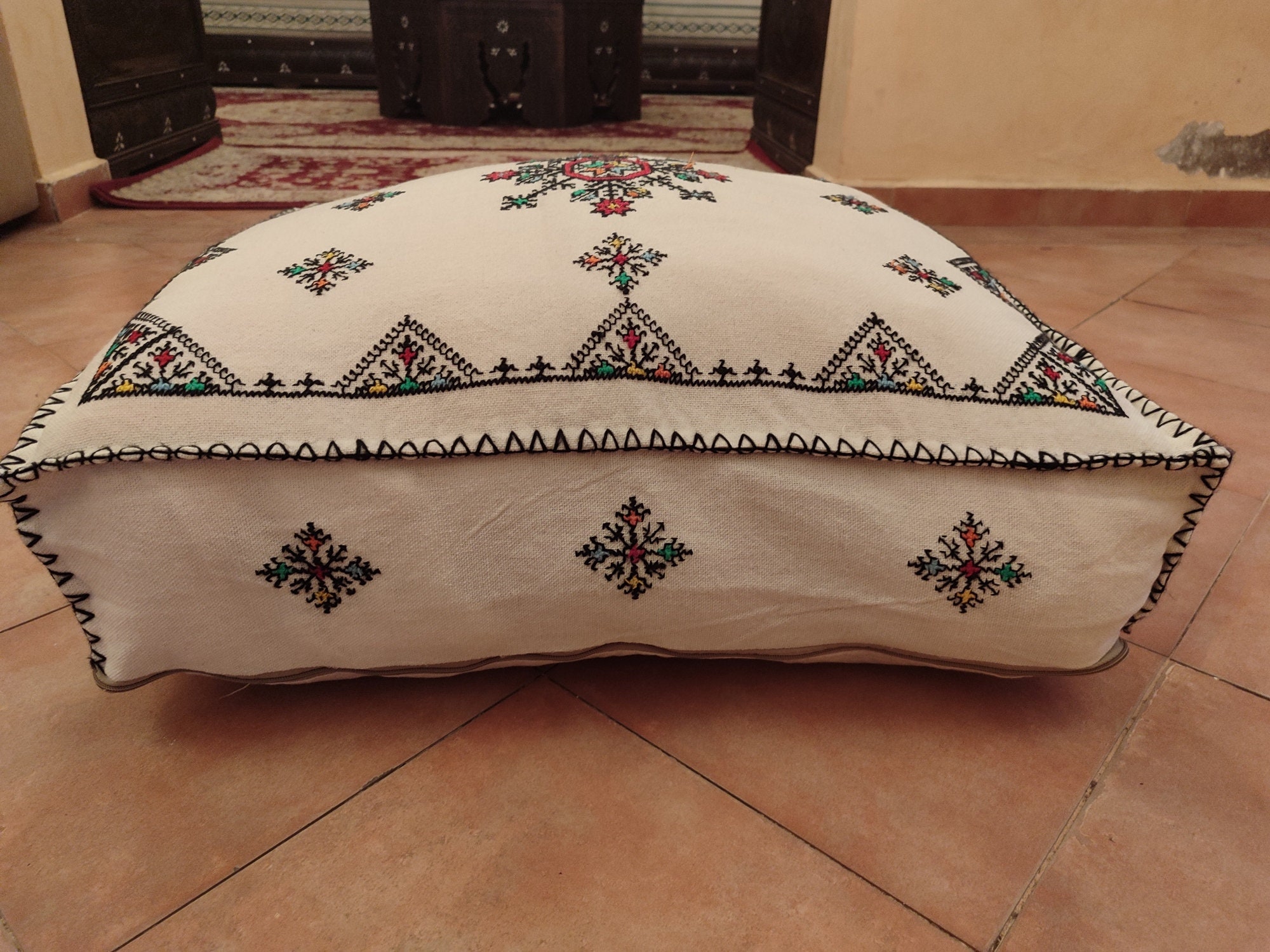 Moroccan Pouf With Multicolorful Handmade Embroideries, Square Moroccan ...