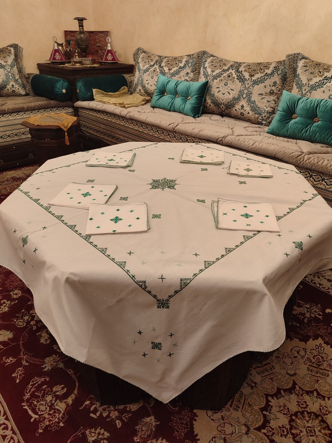 Moroccan Tablecloth With Green Handmade Embroideries Square Moroccan ...