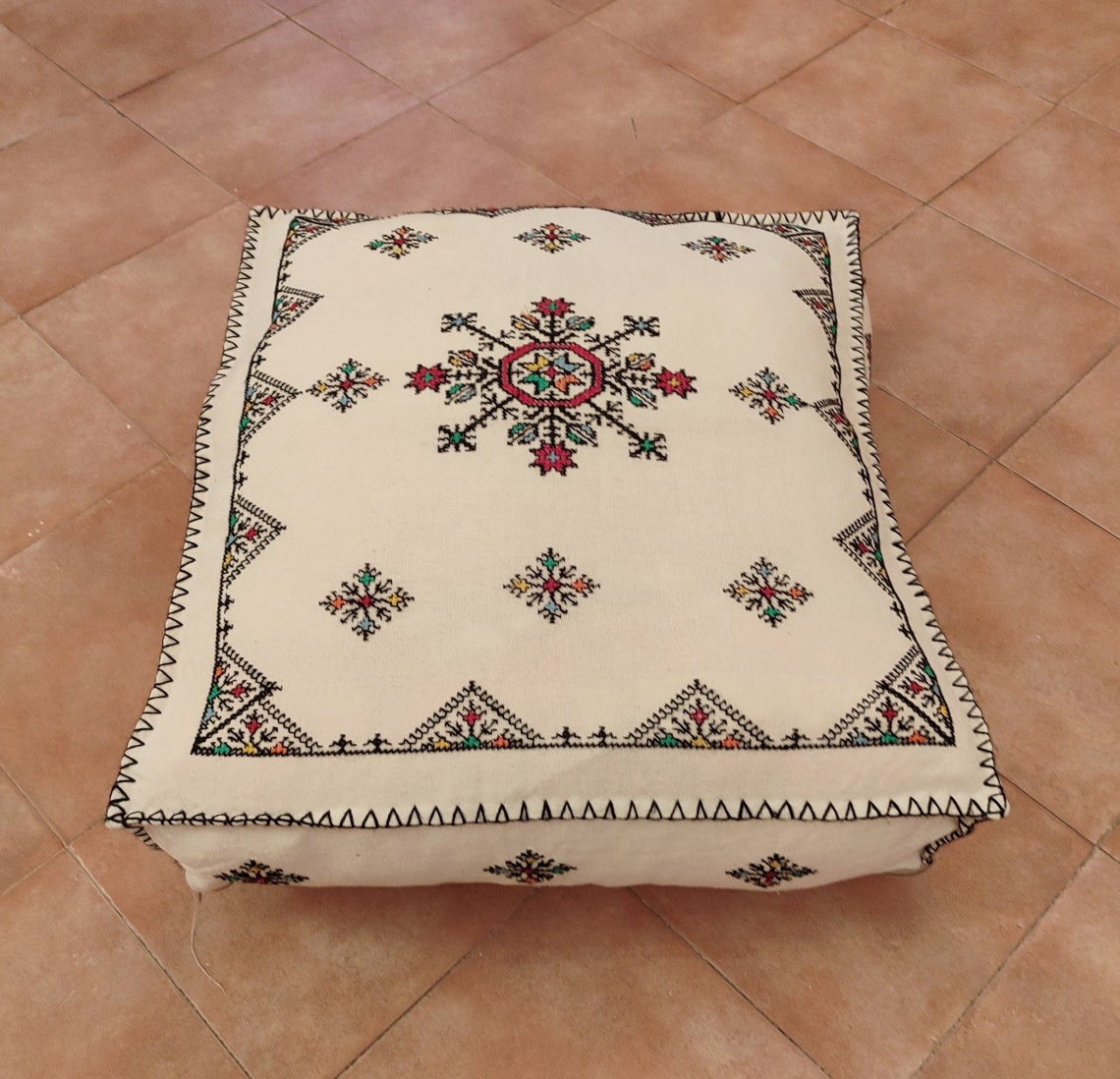 Moroccan Pouf With Multicolorful Handmade Embroideries, Square Moroccan ...