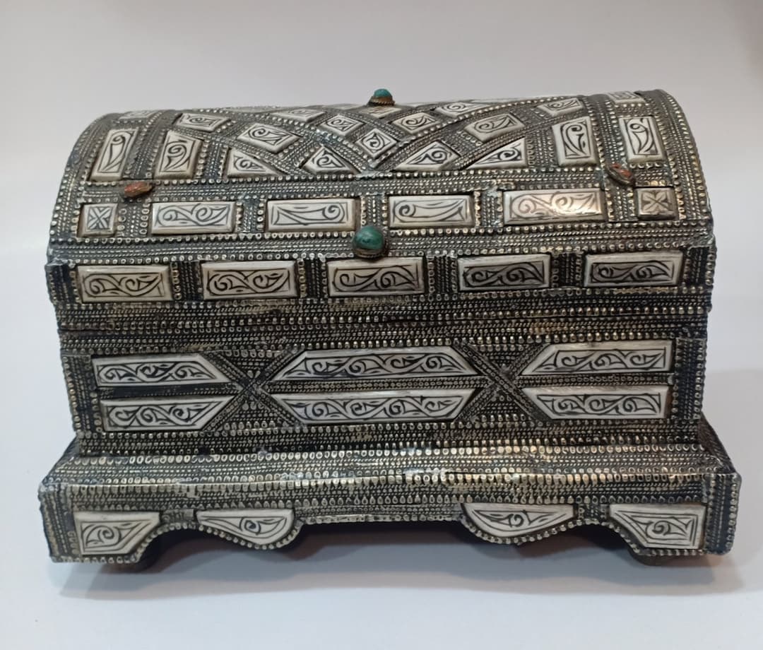 Vintage Moroccan Box Decorated With Hand Engraved Metal and Camel Bones ...