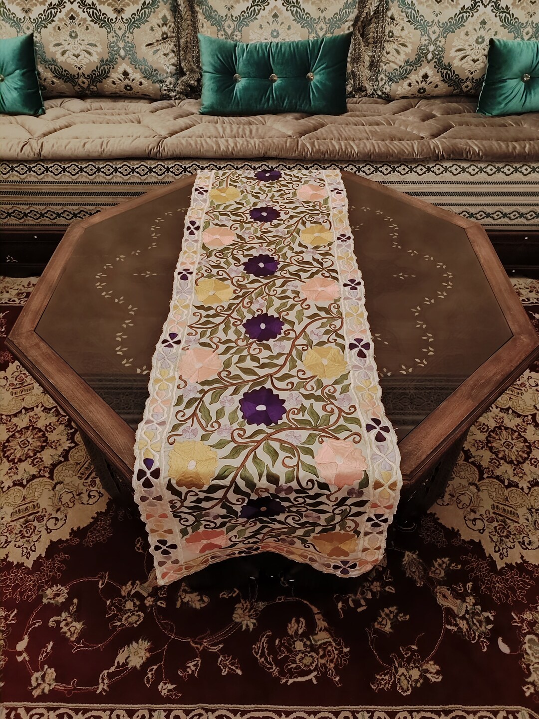 Moroccan Table Runner With Cactus Silk Embroideries - Multicolored ...