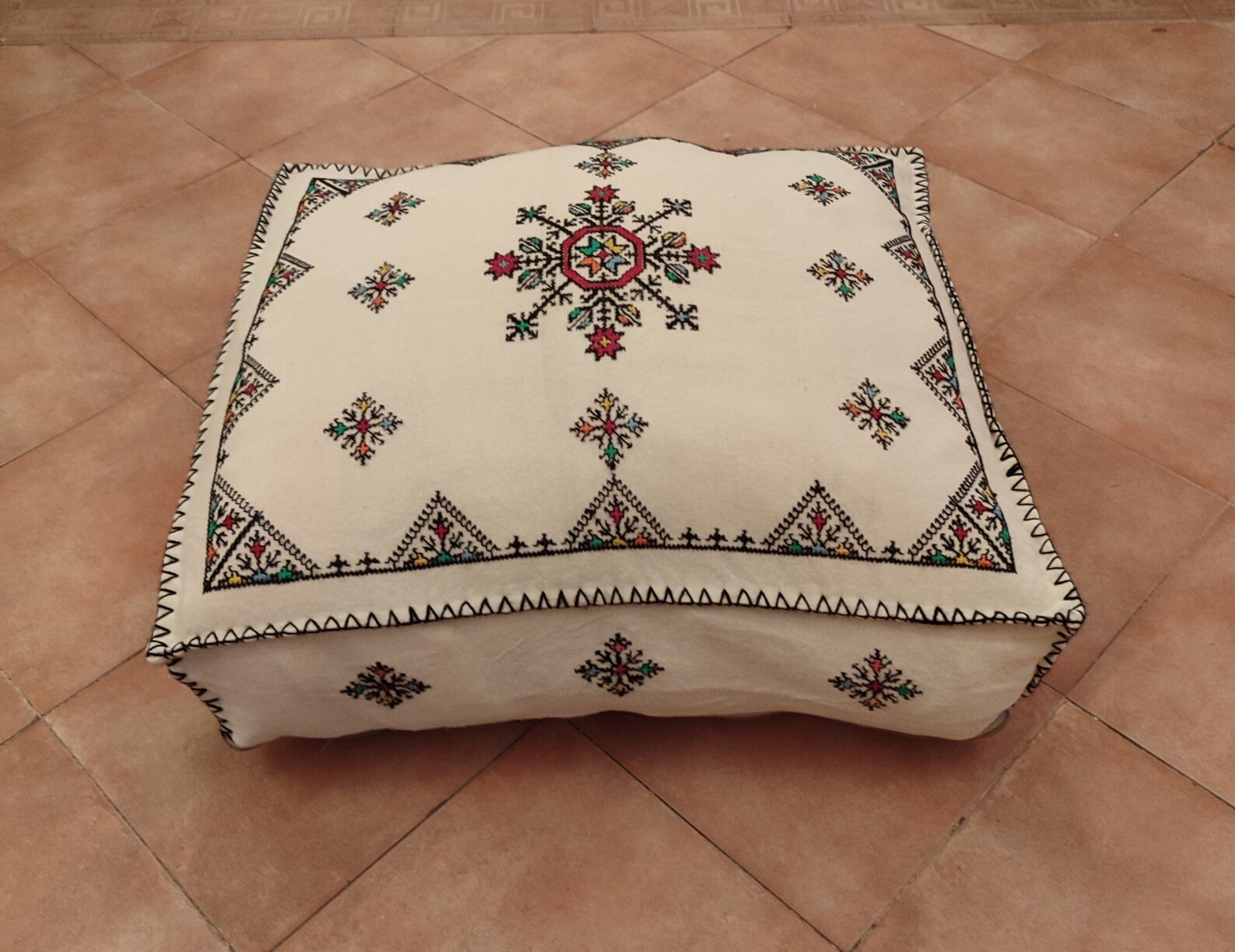 Moroccan Pouf With Multicolorful Handmade Embroideries, Square Moroccan ...