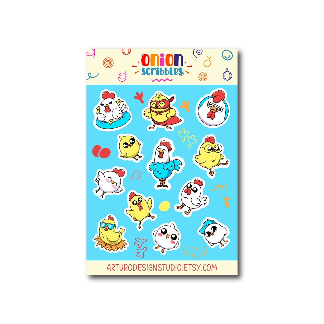 Chicken Sticker Sheet | Cartoon Chickens | Hand-drawn Sticker | Chicken ...