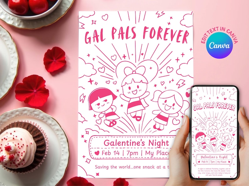 Valentine’s Day Canva Editable Invitation: 90s Doodle Girls Party ...