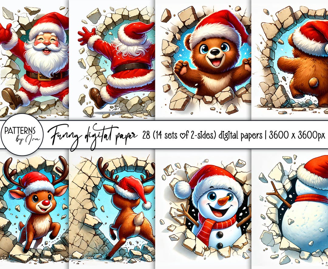 Funny Christmas Digital Paper Pack | Funny Santa Breaking Through Brick ...