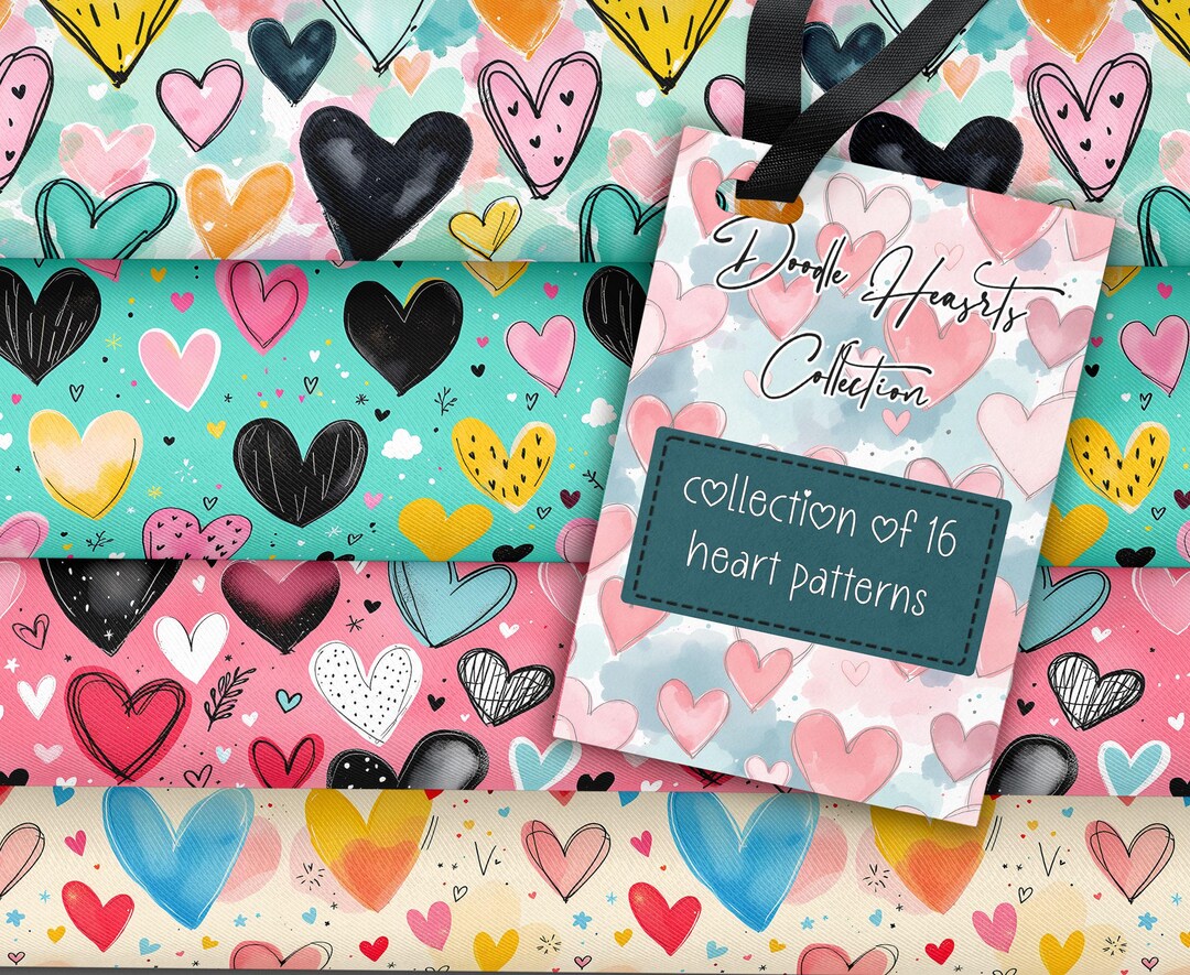 Doodle Heart Seamless Patterns | Digital Paper | Hearts Pattern Bundle ...