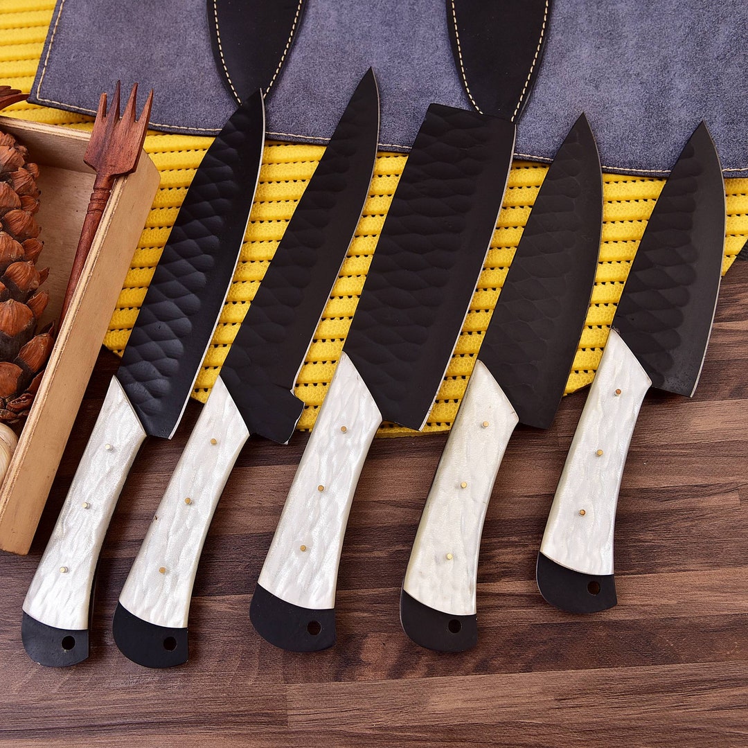 Handmade Carbon Steel Knive Chef Set of 5 Pcs Kitchen, With Leather ...