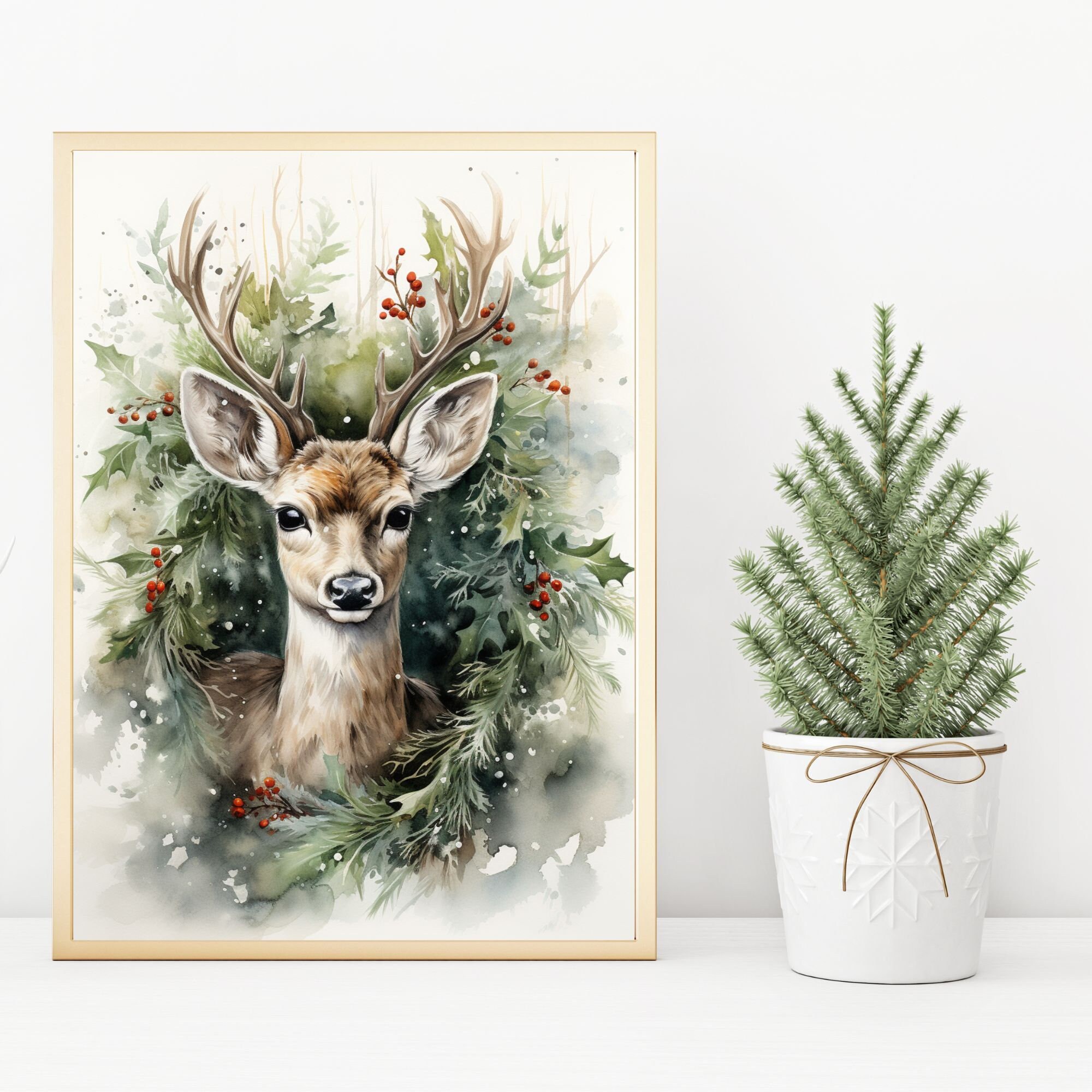 PRINTABLE Reindeer Christmas Wall Art, Watercolor Reindeer Painting ...