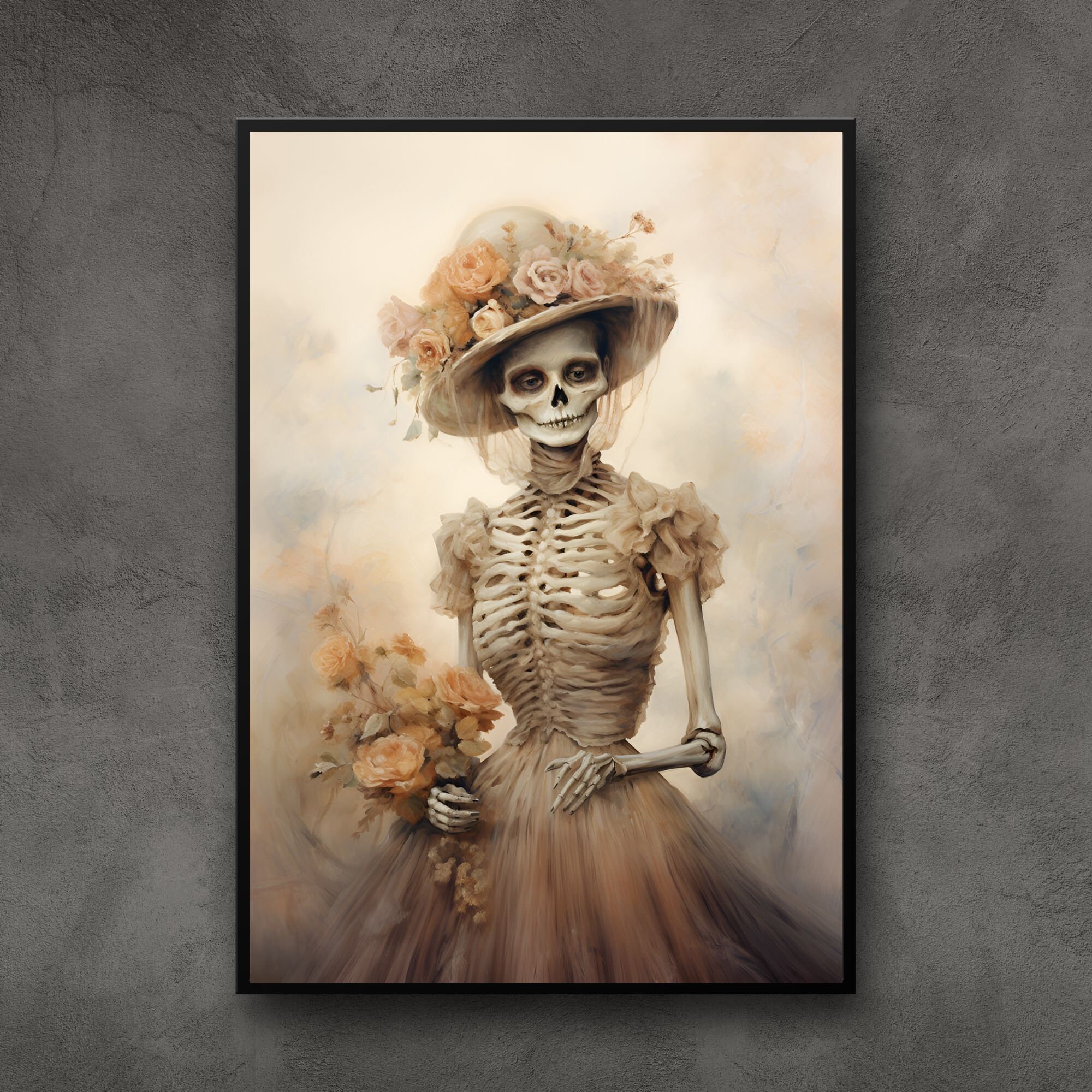 PRINTABLE Halloween Skeleton Wall Art, Watercolor Vintage Skeleton Lady Painting, Skeleton Woman ...