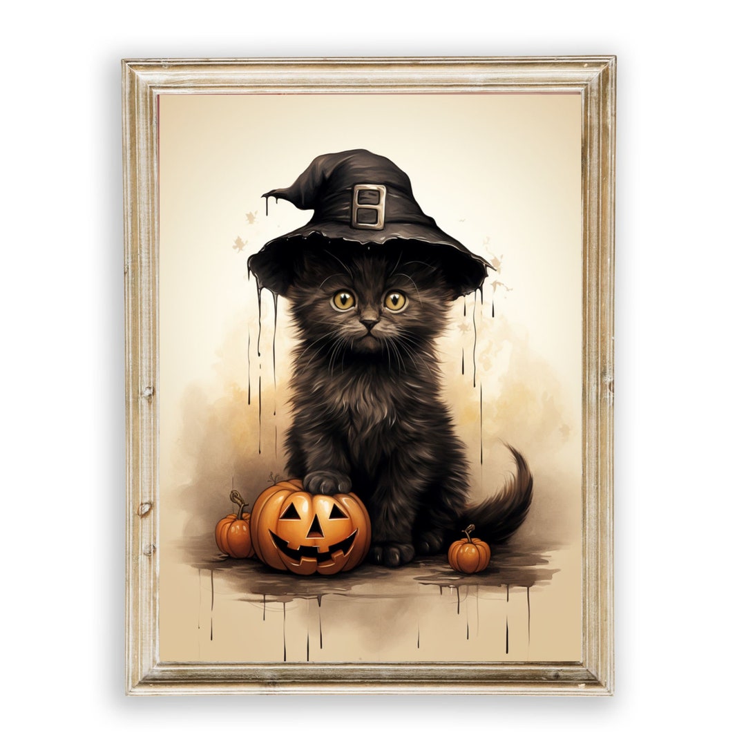 PRINTABLE Halloween Wall Black Cat Art, Cute Black Cat Halloween Witchy ...