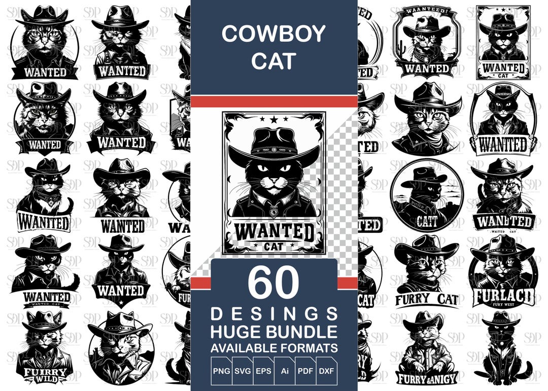 60 Cowboy Cat Svg,cat Svg Bundle,vintage Cat Vector,western Svg,cat ...