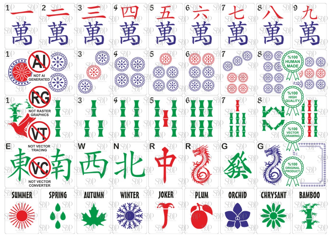 Mahjong Tiles SVG Clipart Bundle, Hand-drawn Vector Set (digital ...