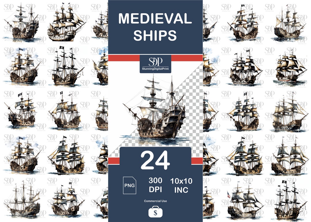 Watercolor Medieval Ships PNG Bundle, Transparent Pirate Ship Art ...