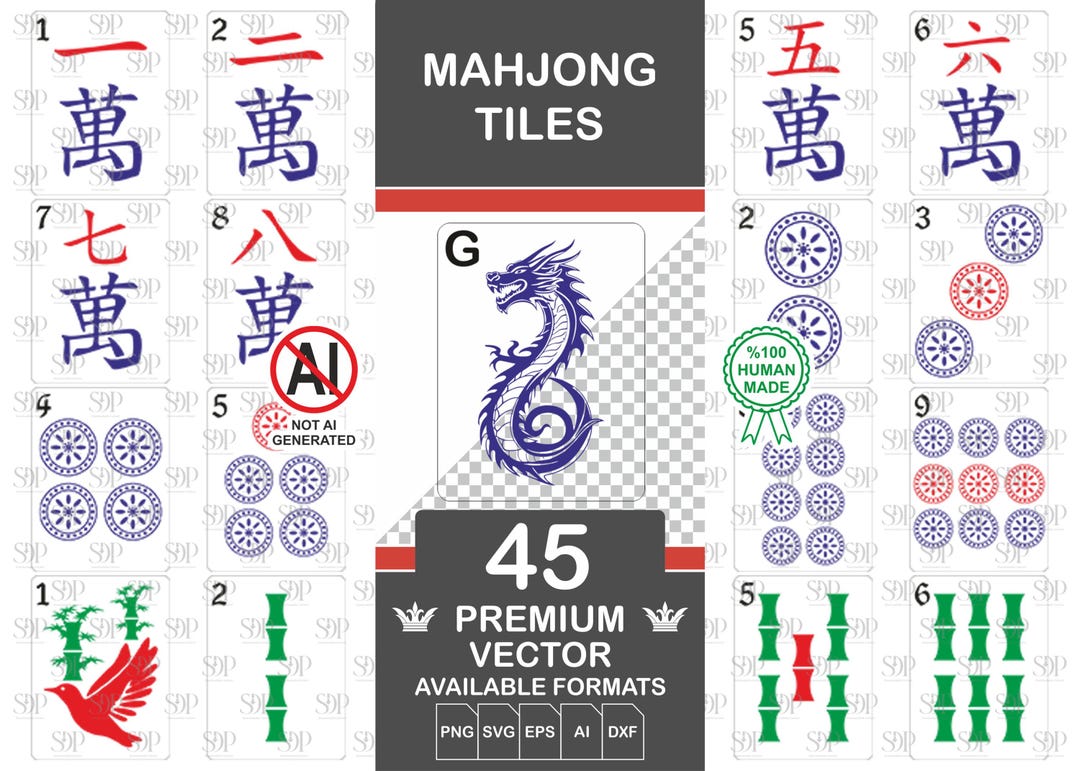 Mahjong Tiles SVG Clipart Bundle, Hand-drawn Vector Set (digital ...