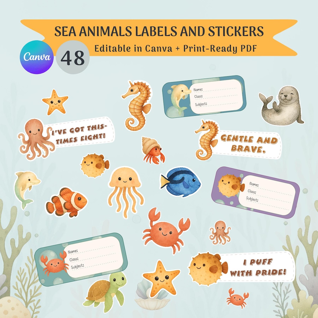 Sea Animals Stickers: Kids' School Labels, Editable in Canva (printable ...