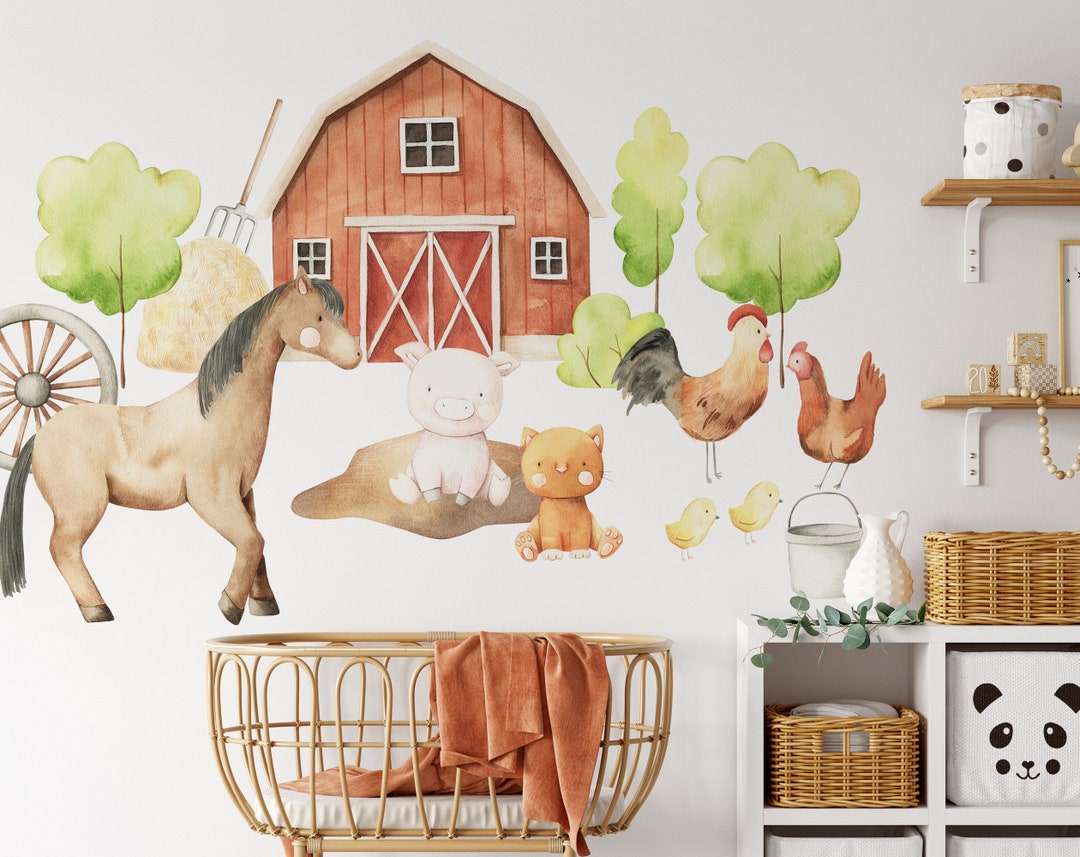Farm Animals Watercolor Wall Decal: Kids Nursery Wallpaper Peel and ...