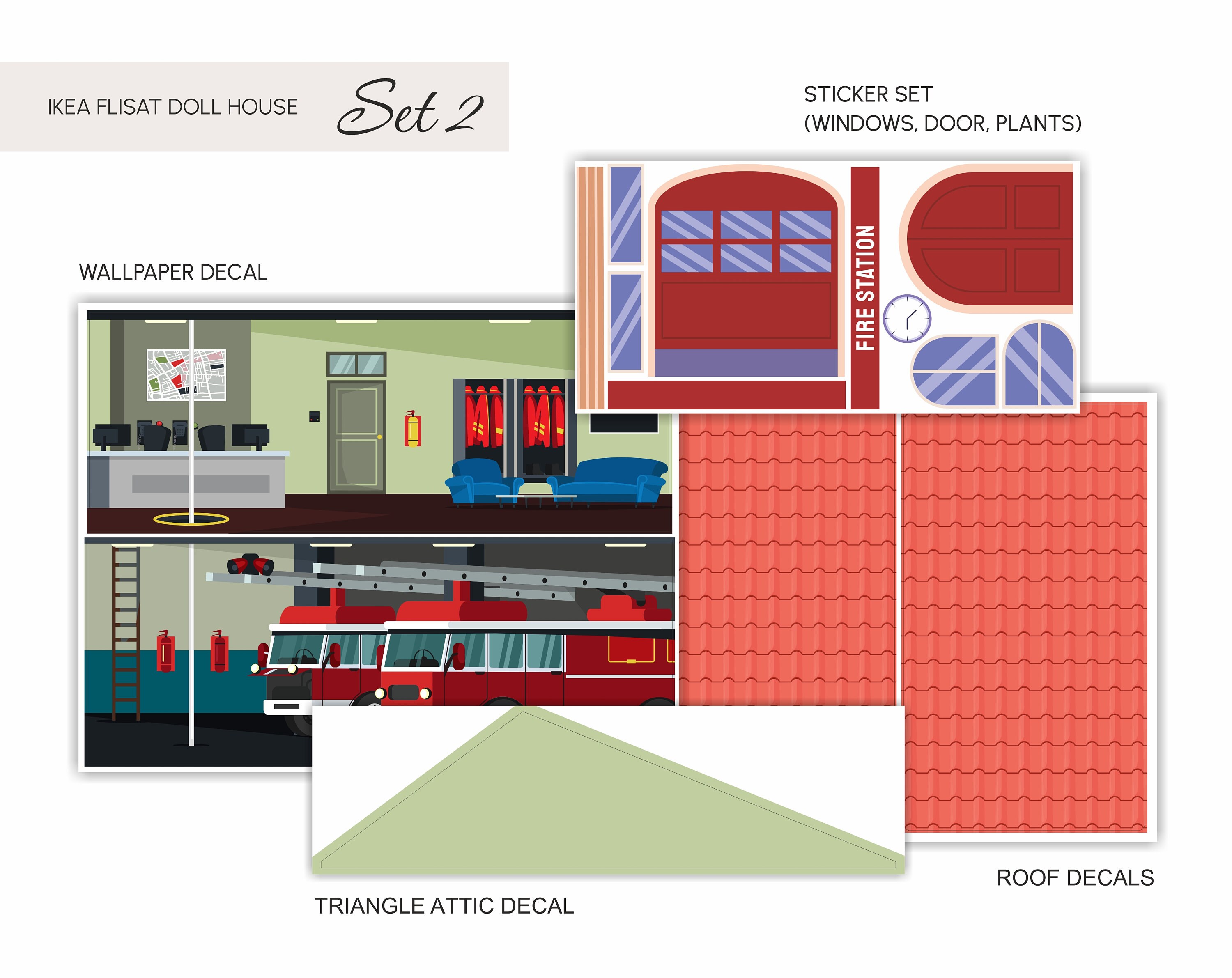 Fire Station Stickers for IKEA FLISAT Dollhouse, Fire Station Decals ...