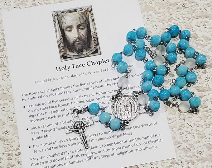 HOLY FACE of Jesus Chaplet, Aqua and White Glass Beads, W/instructions ...