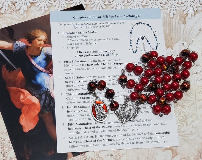 St. MICHAEL CHAPLET, Red Pearl Glass & Black Banded Glass Beads, St. Michael the Archangel ...
