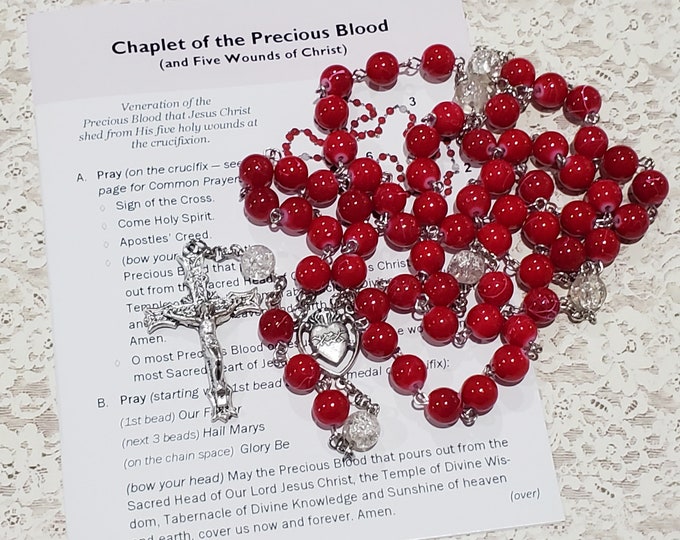 PRECIOUS BLOOD of JESUS Chaplet (5 Wounds) - Red Glass Beads, Silver ...