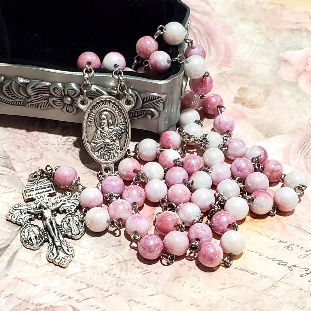 St. MARIA GORETTI Rosary, Shiny Pink & White Ceramic Beads, Silver Tone ...